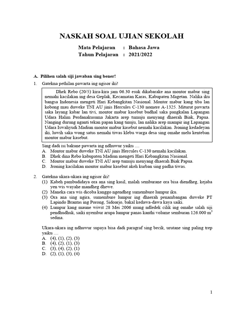 Naskah Soal Us Bhs. Jawa 2022 | PDF