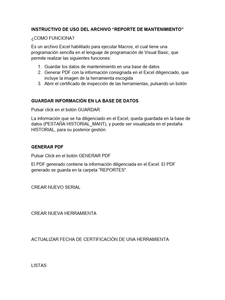 INSTRUCTIVO DE USO REPORTE MANTENIMIENTO | PDF