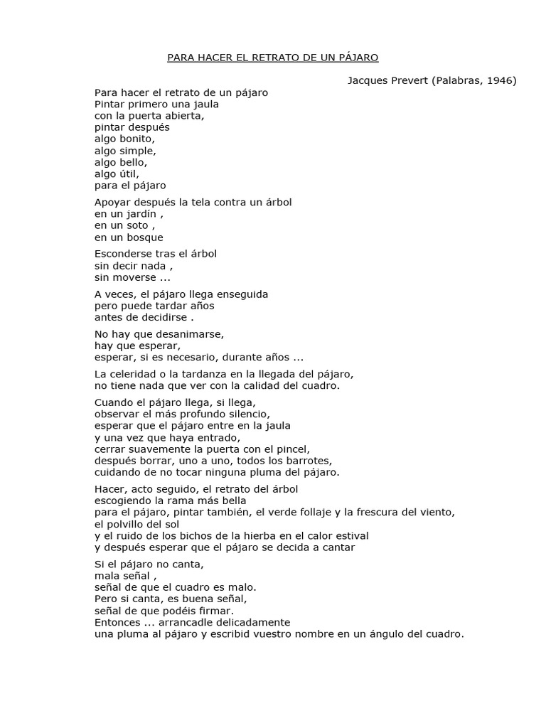 Para Hacer El Retrato de Un Pájaro. (J. Prevert) | PDF