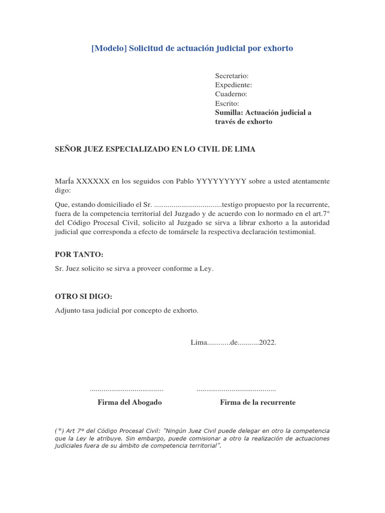 Solicitud de Exhorto Judicial Modelo | PDF