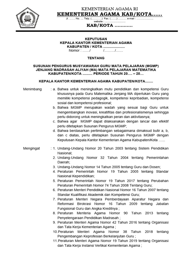 2021 Contoh SK MGMP Mapel MTK - Ma Sesuai Juknis 1381 THN 2020 | PDF