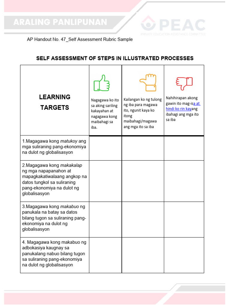Self Assessment Rubric Template | PDF
