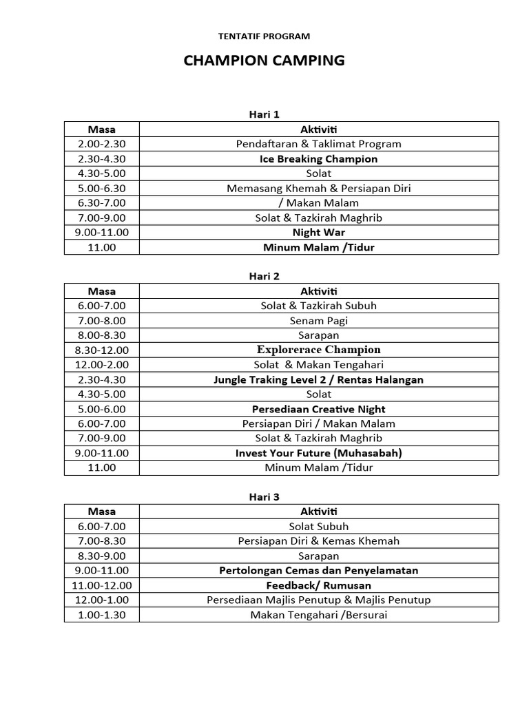 TENTATIF 2 PROGRAM PERKHEMAHAN 3 Hari 2mlam | PDF