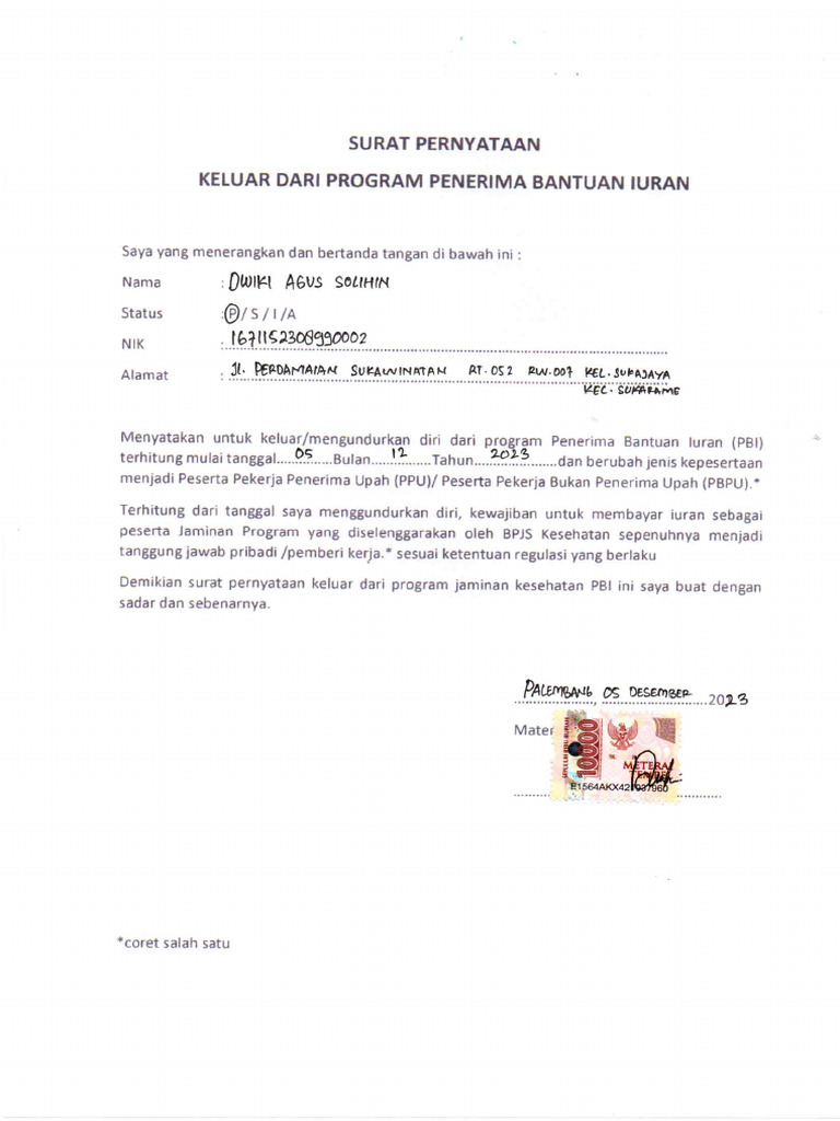 Surat Pernyataan Keluar Program Pbi Dwiki Agus Solihin Pdf