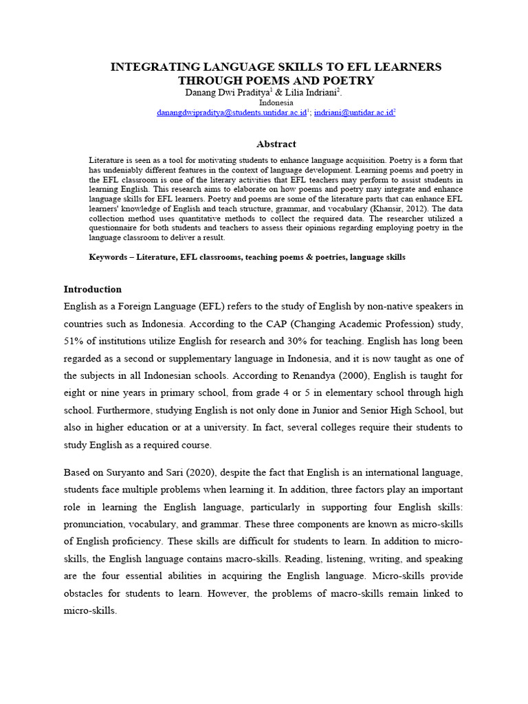 Integrating Language Skills To Efl Learners Through Poems and Poetry ...