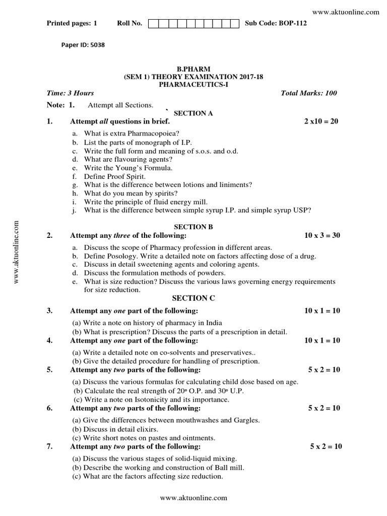 Bpharm 1 Sem Pharmaceutics 1 Bop 112 2017 18 | PDF | Pharmacy | Pharmaceutical Sciences