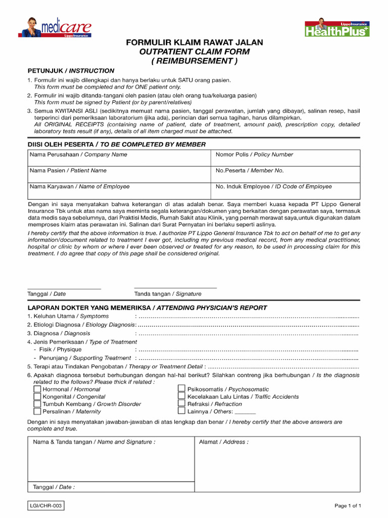 Form Reimbursement Rawat Jalan - LGI | PDF
