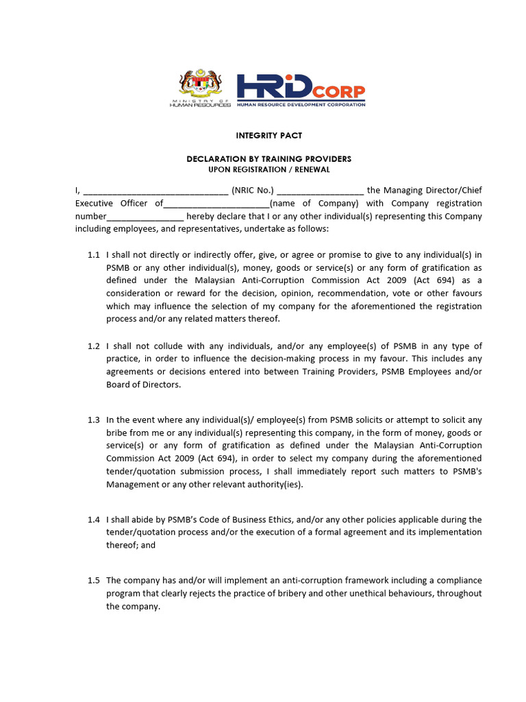 Integrity Pact Declaration for Training Providers | PDF | Bribery ...
