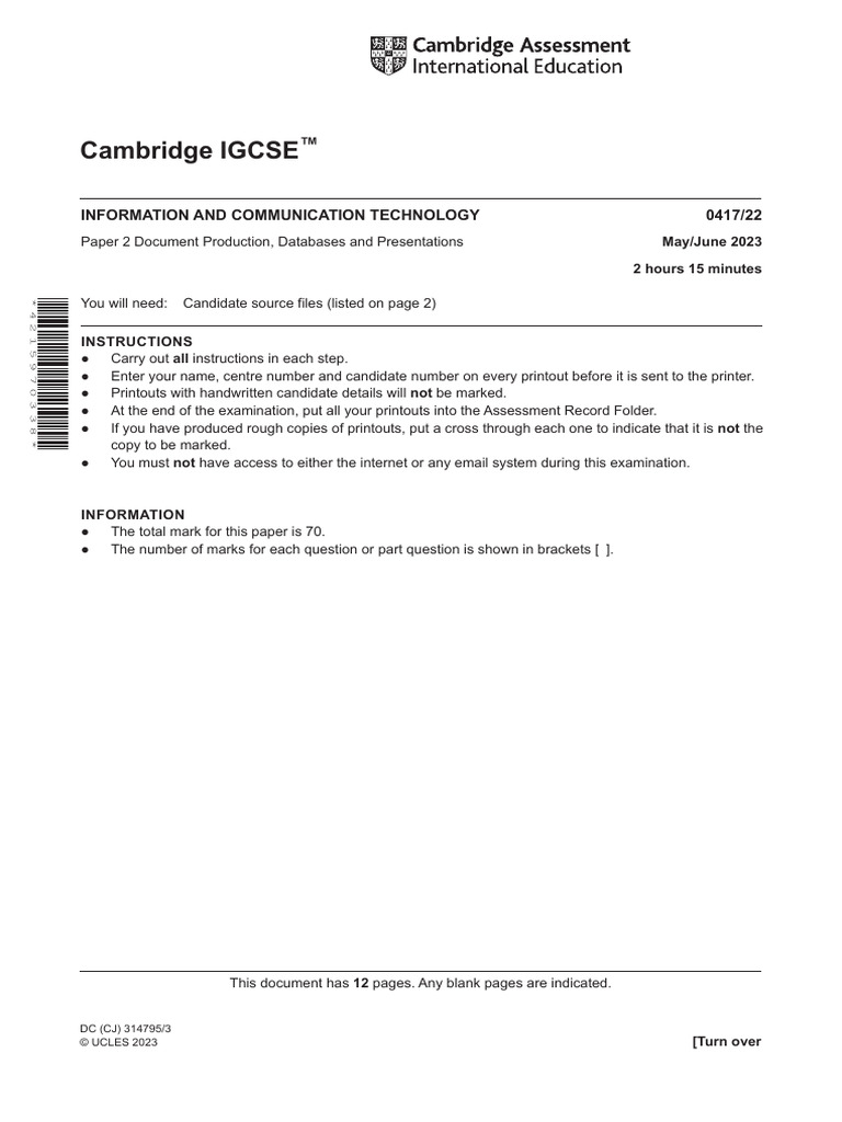Cambridge IGCSE: Information and Communication Technology 0417/22 | PDF ...