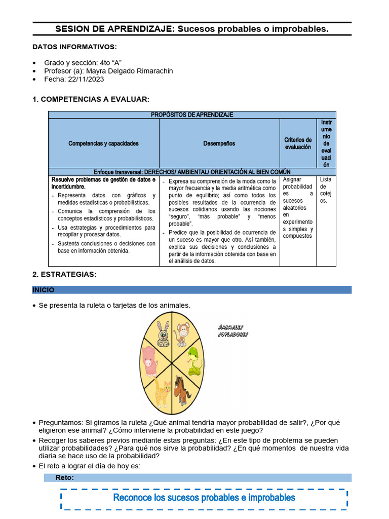 SESION DE APRENDIZAJE SUCESOS PROBABLES O IMPROBABLES - MATEMÁTICA 4TO ...