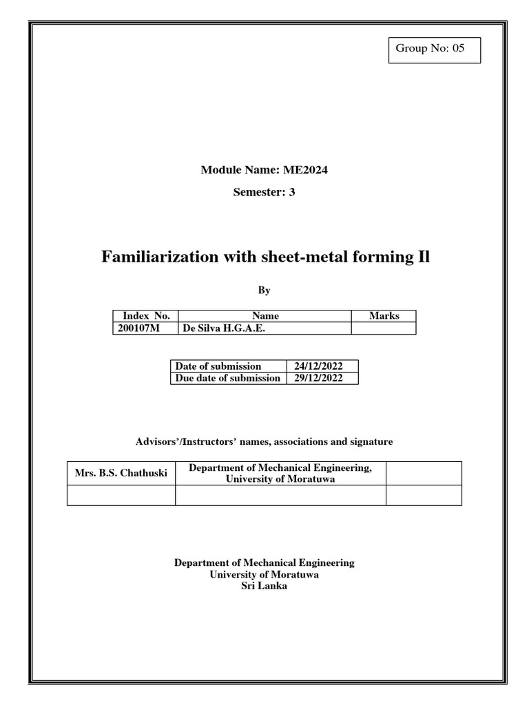 Familiarization With Sheet-Metal Forming Il: Module Name: ME2024 Semester: 3 | PDF | Sheet Metal ...