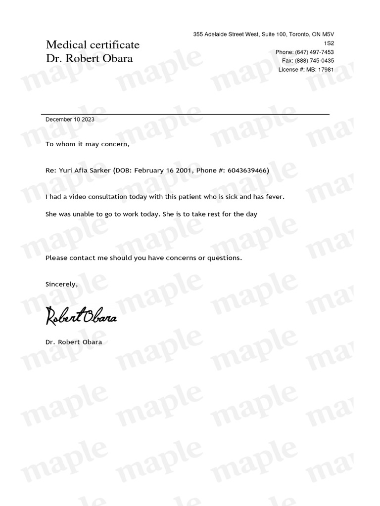Sick Note for Yuri Afia Sarker | PDF