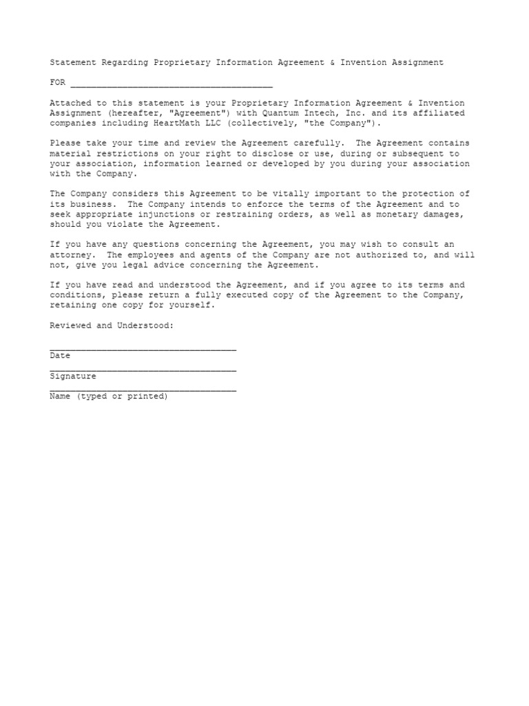Proprietary Information Agreement & Invention Assignment 2021 | PDF ...