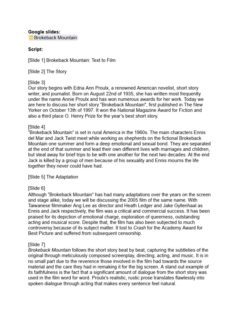 Brokeback Mountain: Story to Screen Adaptation | PDF | Language Arts ...