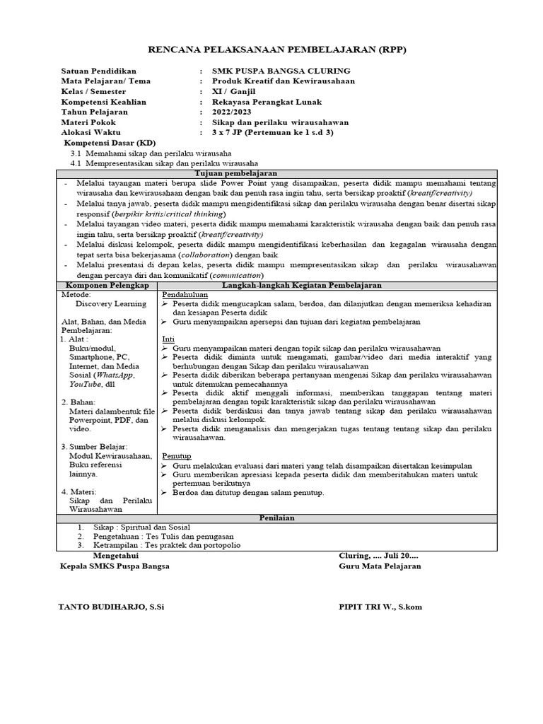 RPP Produk Kreatif Dan Kewirausahaan Kelas XI | PDF | Karier ...