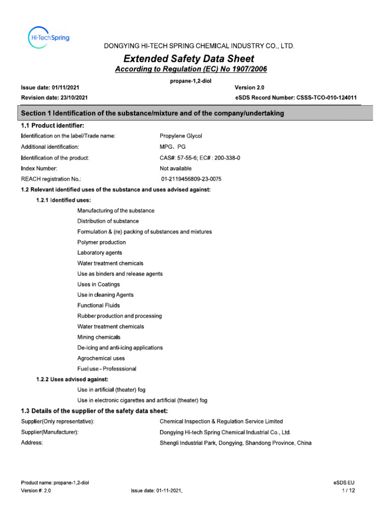 HI-TECH Propylene Glycol SDS - Wills | PDF