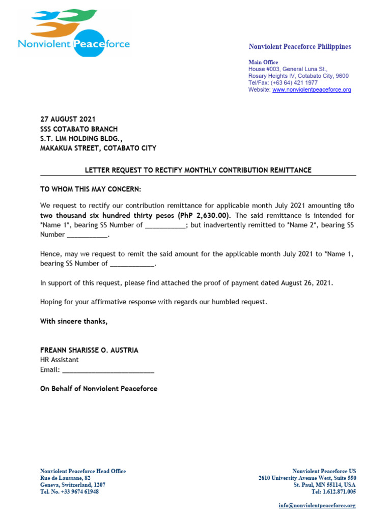 Letter For Correction of SSS Contributions | PDF