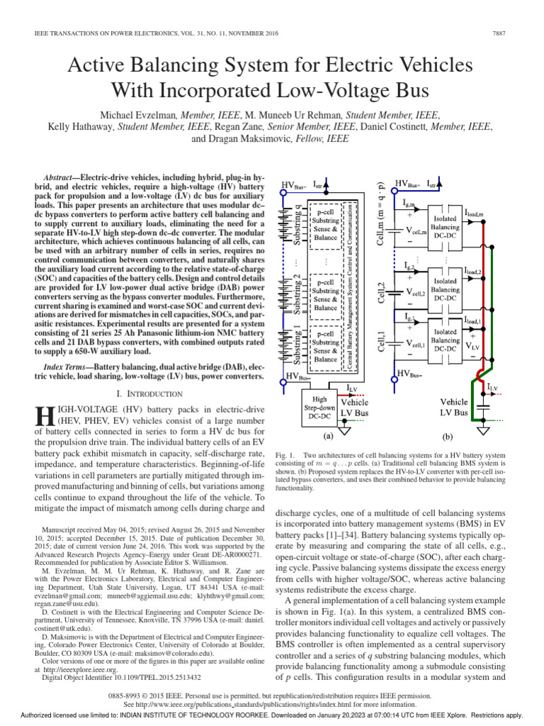 Active Balancing System for Electric Vehicles With Incorporated Low ...