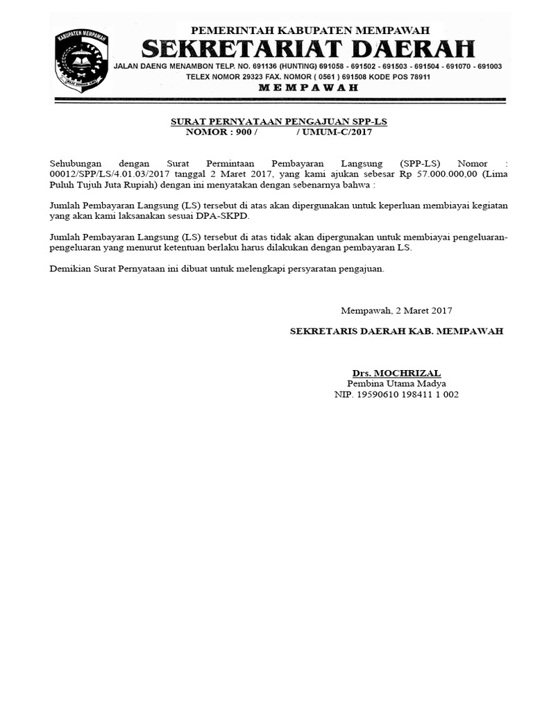 Surat Pernyataan Pengajuan SPP-LS | PDF