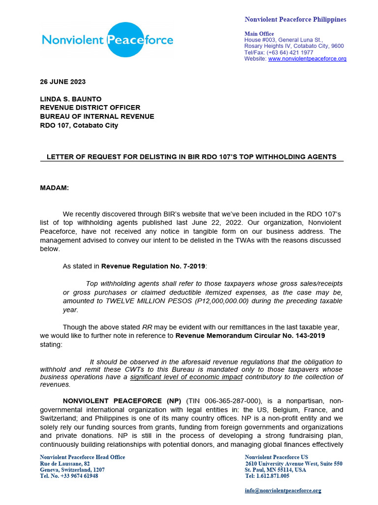 Letter For Delisting BIR | PDF | Government | Taxes