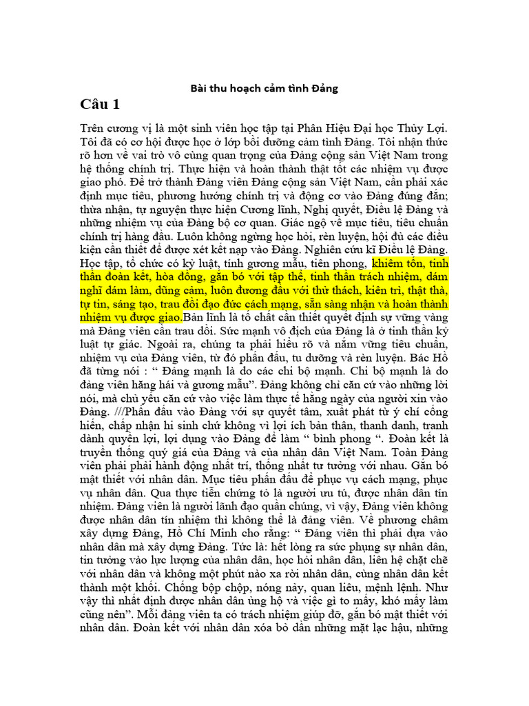 Bài thu hoạch cảm tình Đảng | PDF