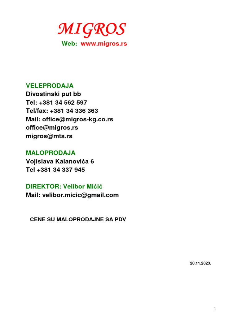 Migros Cenovnik Maloprodaja (1) | PDF