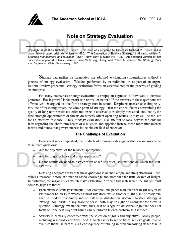 Week 10 Rumelt Note On Strategy Evaluation | PDF | Strategic Management ...