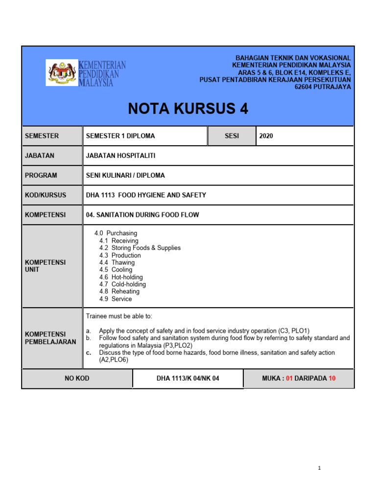 Nota Kursus 4 Sanitation During Food Flow | PDF | Refrigerator | Food ...