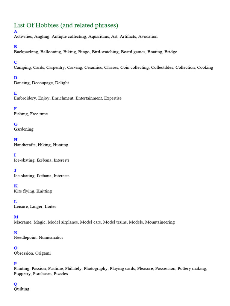Comprehensive List of Hobbies | PDF