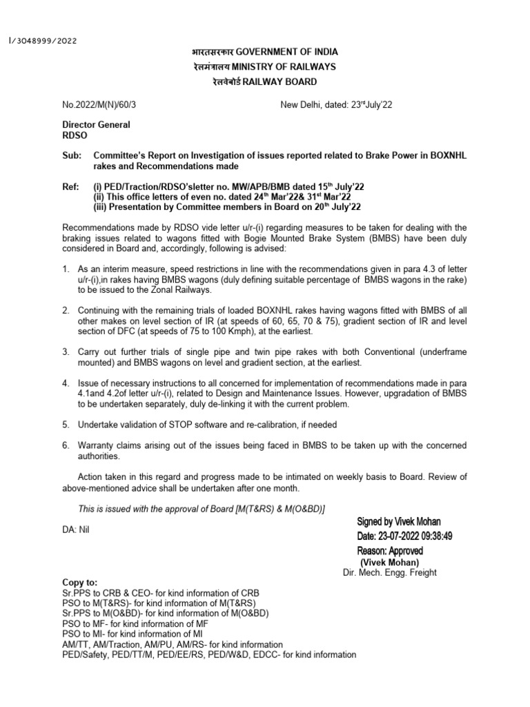 BOXNHL Brake Issues Letter To RDSO | PDF | Rail Transport | Land Transport