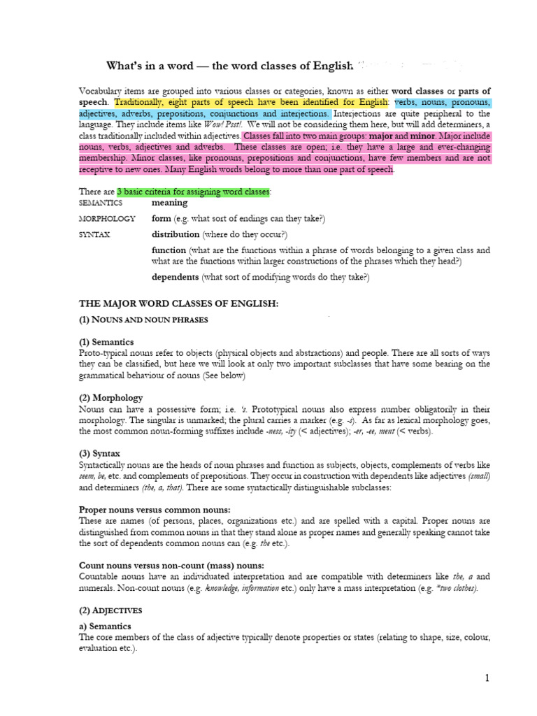 Handout - Word Classes | PDF | Part Of Speech | Verb