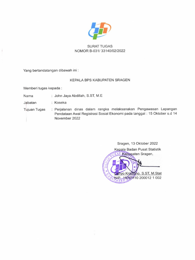 Surat Tugas Regsosek John | PDF