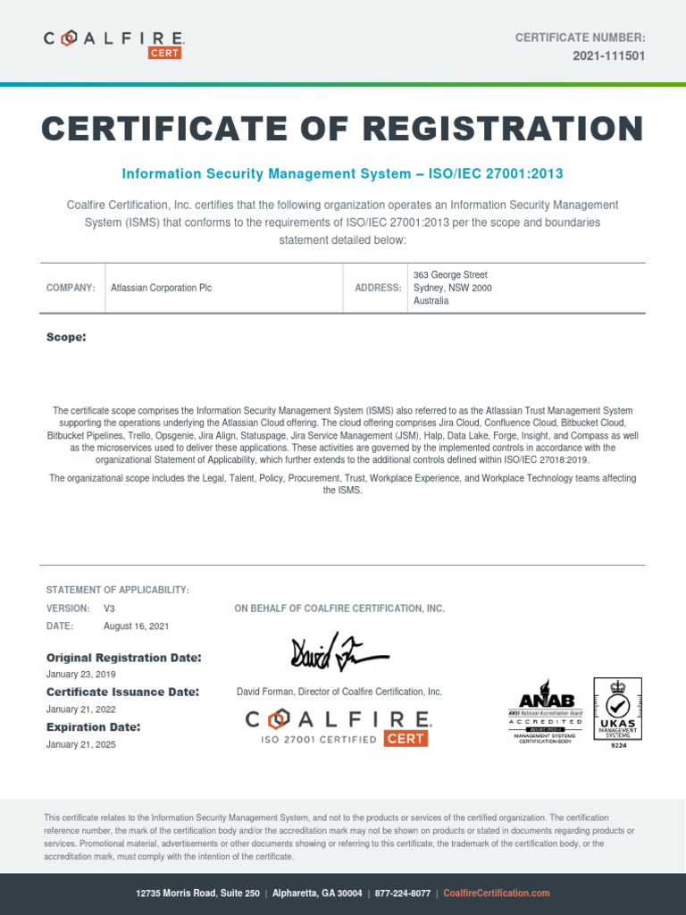 Atlassian ISO 27001 Certification Details | PDF | Information Security ...