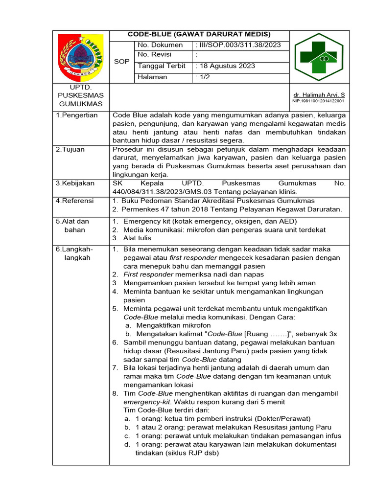 SOP Code-Blue (Gawat Darurat Medis) - 1 | PDF