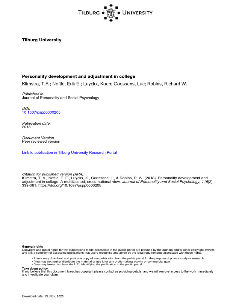 Personality Development and Adjustment in College JPSP 2018 Post Print ...