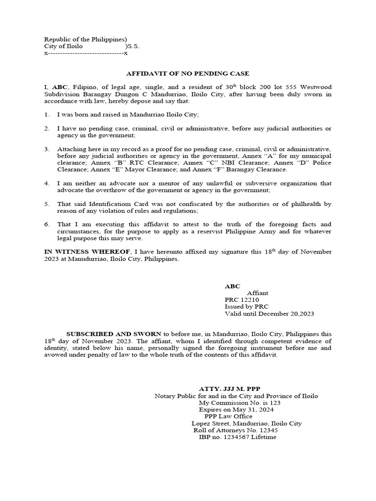 Affidavit of No Pending case | PDF | Affidavit | Legal Documents