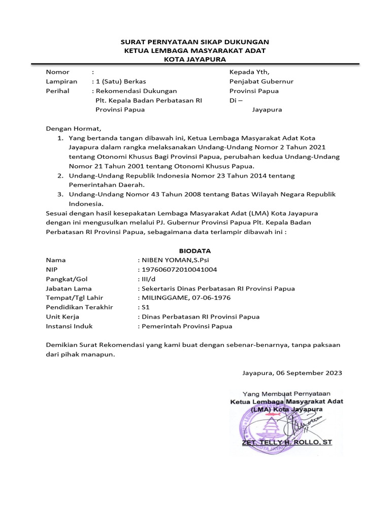 Surat Pernyataan Sikap Dukungan | PDF