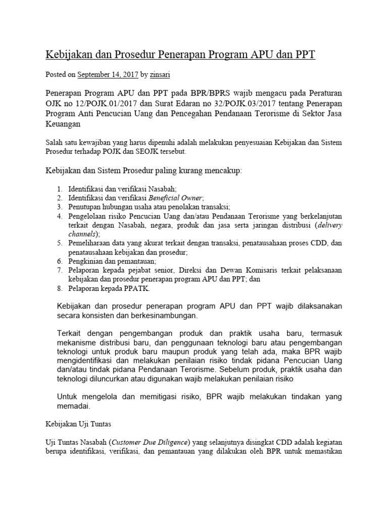 Kebijakan APU dan PPT di Sektor Keuangan | PDF | Hukum
