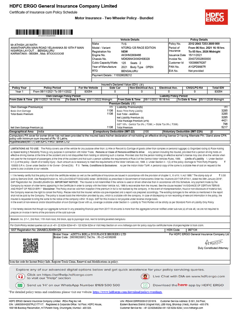 Motor Insurance - Two Wheeler Policy - Bundled | PDF | Insurance ...