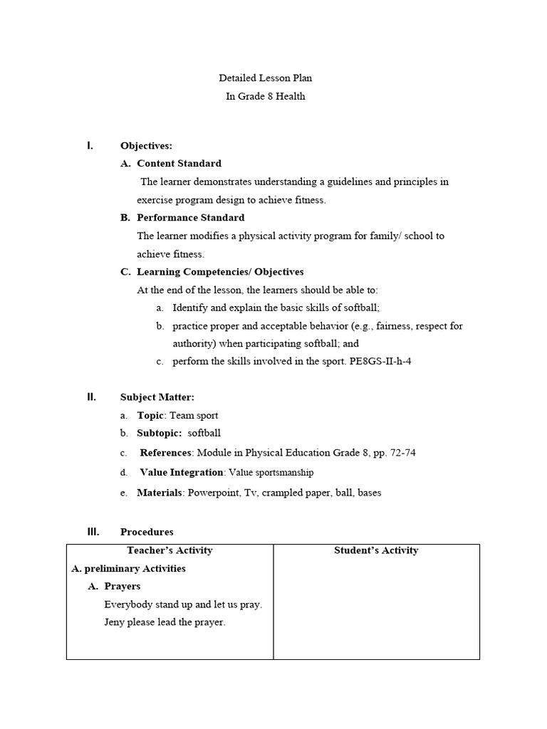 Detailed Lesson Plan Softball | Download Free PDF | Pitcher | Softball