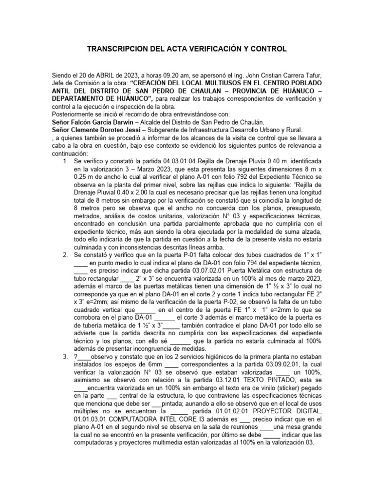 TRANSCRIPCION DEL ACTA VERIFICACIÓN Y CONTROL | PDF