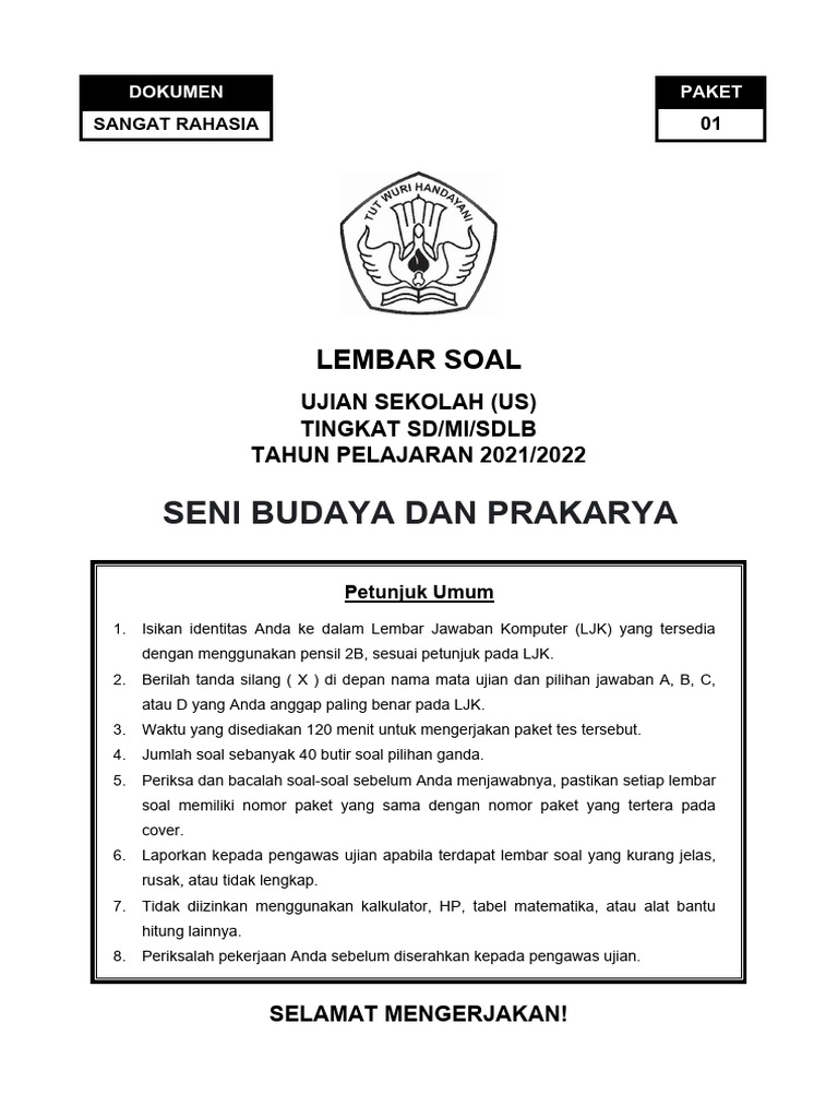 Soal Us SBDP 2022 P1 | PDF | Griya & Taman