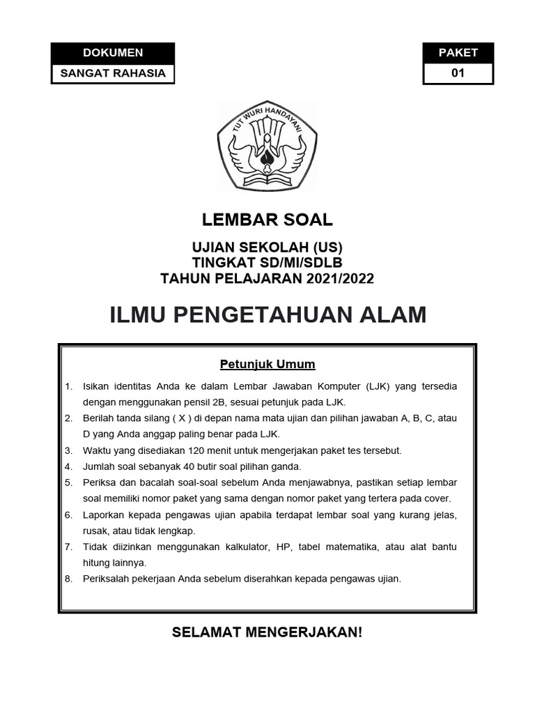 SOAL US - IPA - 2022 Paket 1 | PDF | Metode & Bahan Ajar | Sains & Matematika