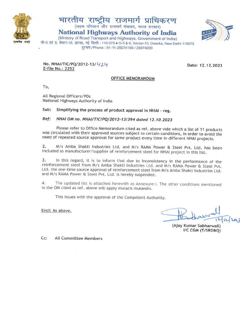 OM Dated 12.12.2023 - Simplifying The Process of Product Approval in NHAI | PDF