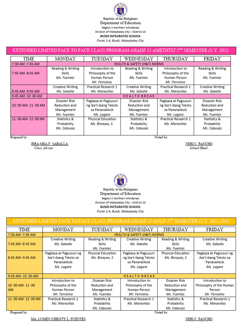 SHS Extended Limited F2F Class Program | PDF | Science