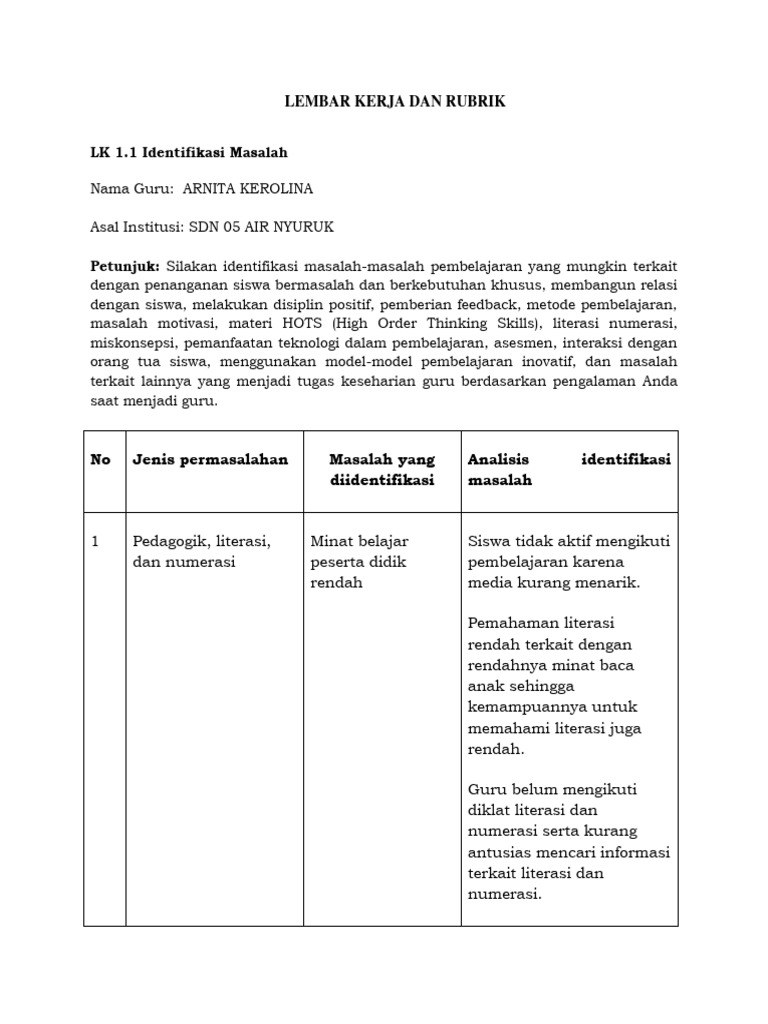 Lembar Kerja Guru SD: Identifikasi Masalah | PDF
