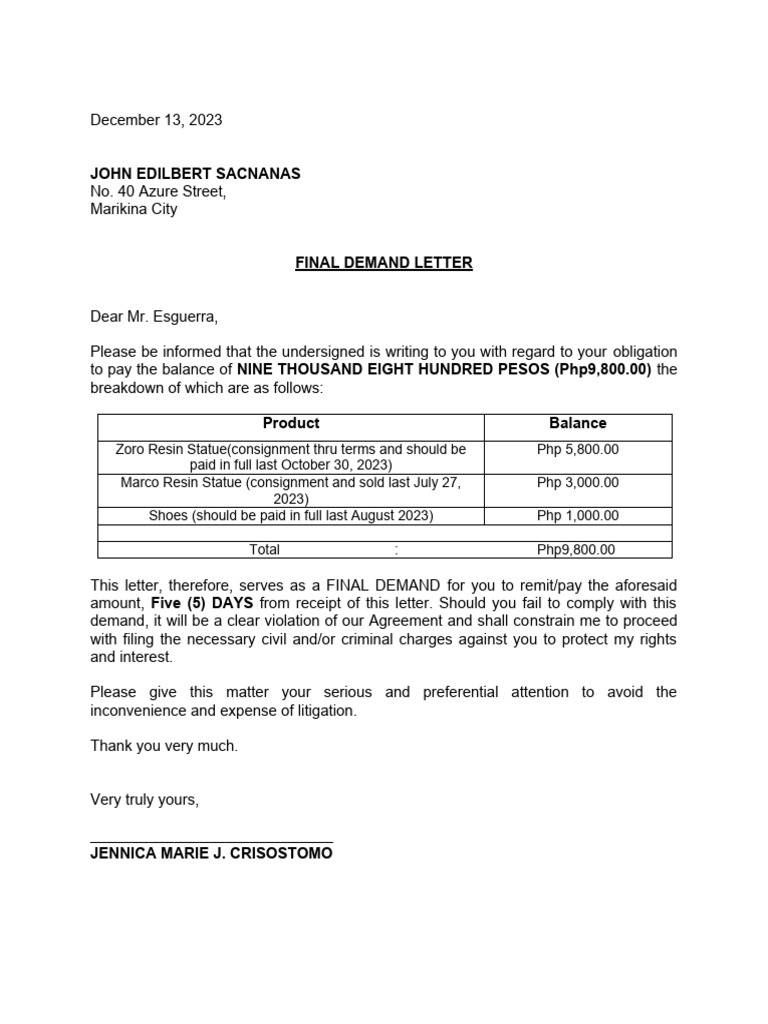 Final Demand Letter for Payment | PDF