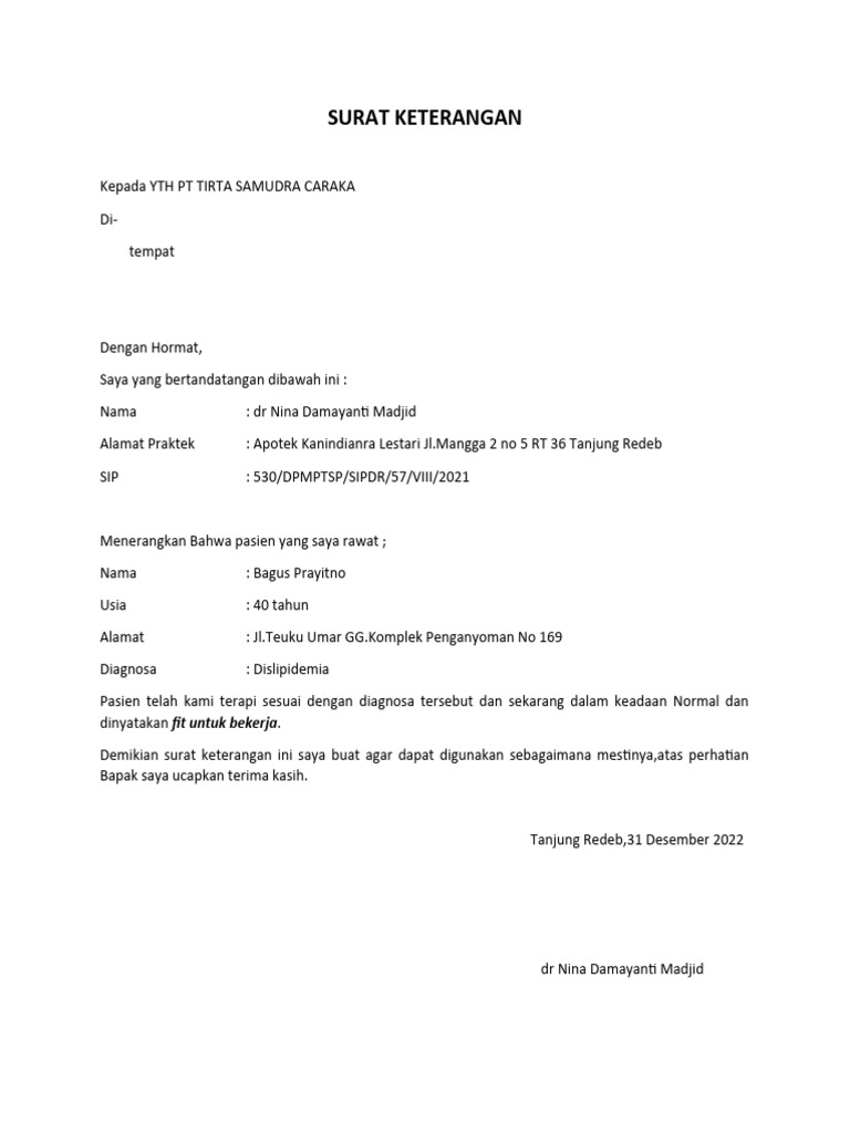 SURAT KETERANGAN Fit Untuk Bekerja | PDF