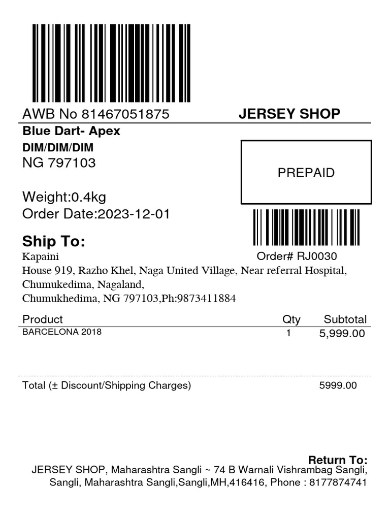 Blue Dart Shipping Details for Orders | PDF