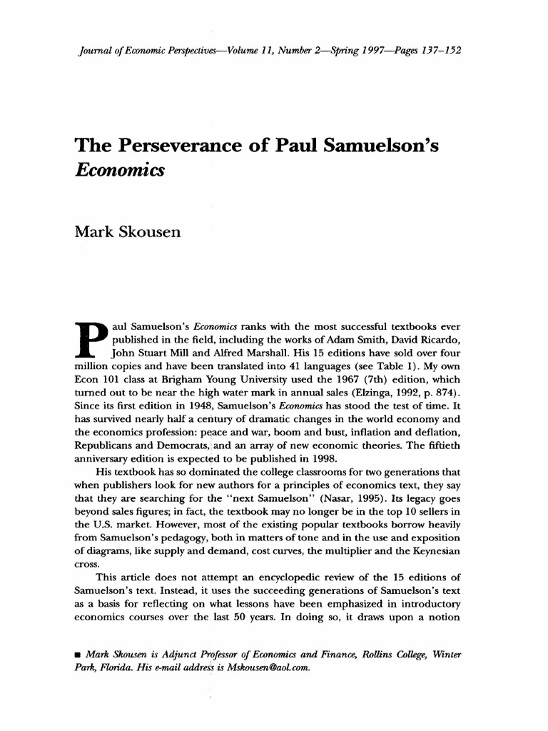 Skousen 2011 The Perseverance of Paul Samuelson S Economics | PDF | Economics | History Of ...